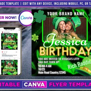 St Patricks Day Birthday Invitation Flyer Canva Template for DIY Social ...