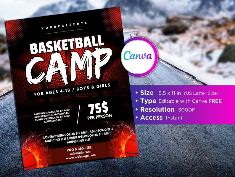 Basketball Camp Flyer Editable Canva Template. Sports Flyer, Basketball ...