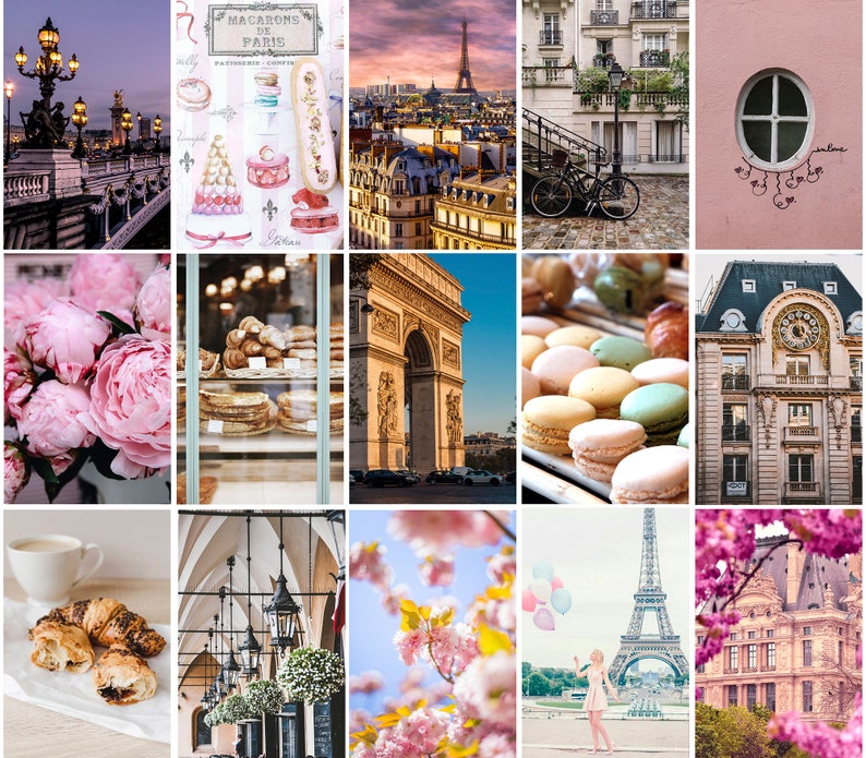 Paris Collage Kit Pink Aesthetic Photo Wall Collage Teen - Etsy