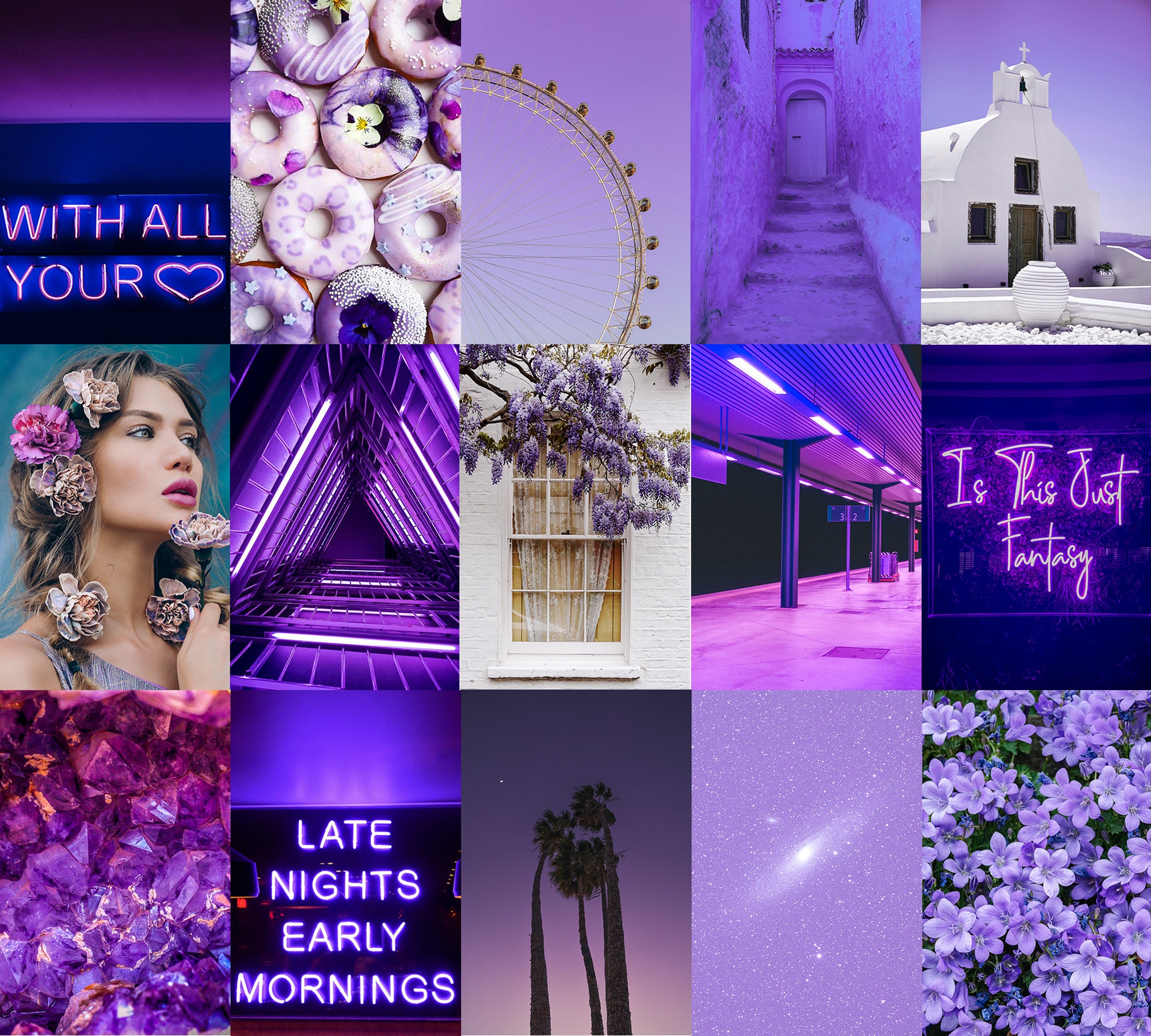 Digital Purple Collage Kit 60 Pcs Neon Purple Aesthetic Wall Etsy