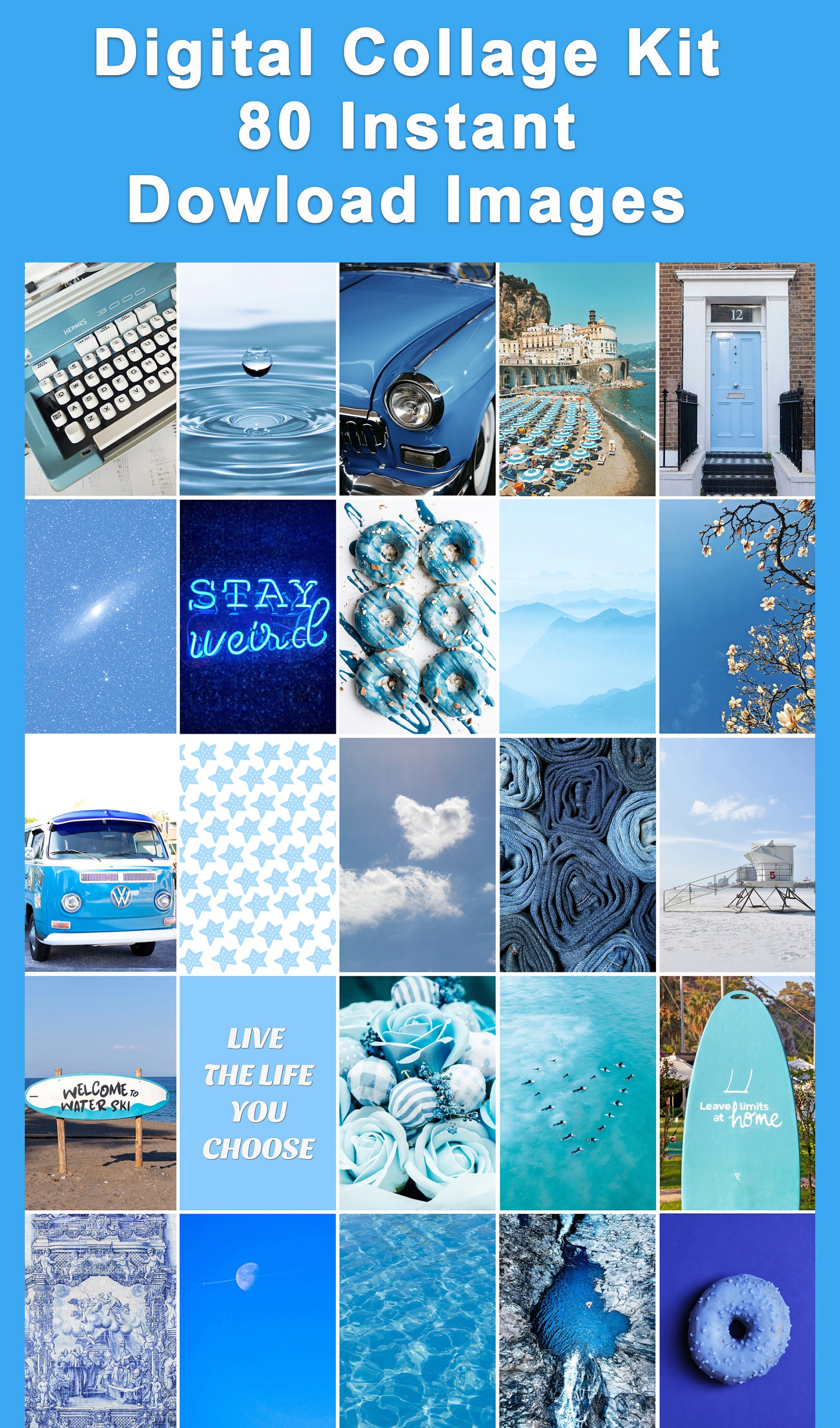 80 Pc Blue Collage Kit DIGITAL, Neon Blue Aesthetic Photo Wall, Ocean ...