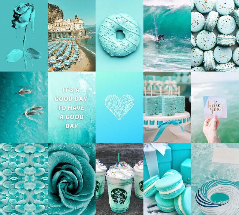 Teal Wall Collage Kit Digital Teal Aesthetic Collage | Etsy