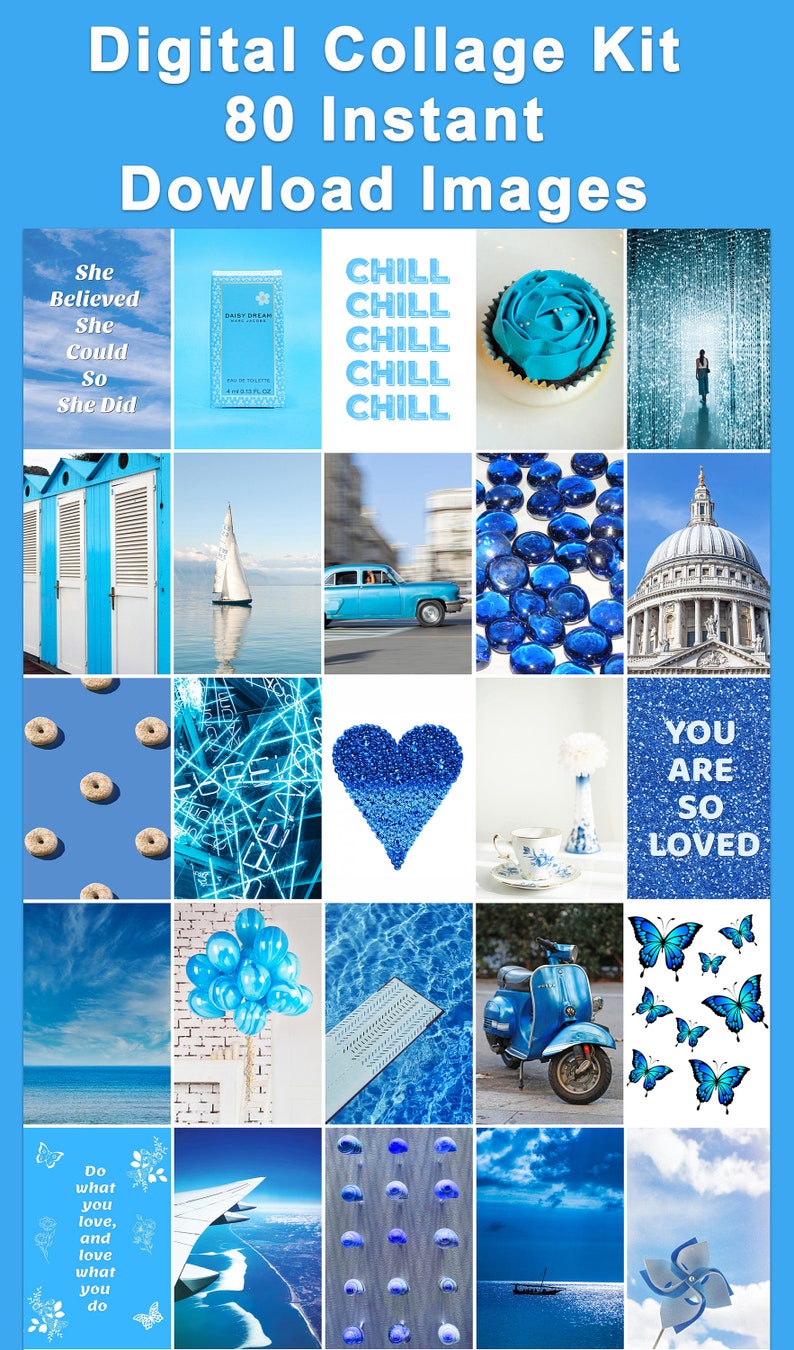 80 Pc Blue Collage Kit DIGITAL, Neon Blue Aesthetic Photo Wall, Ocean ...