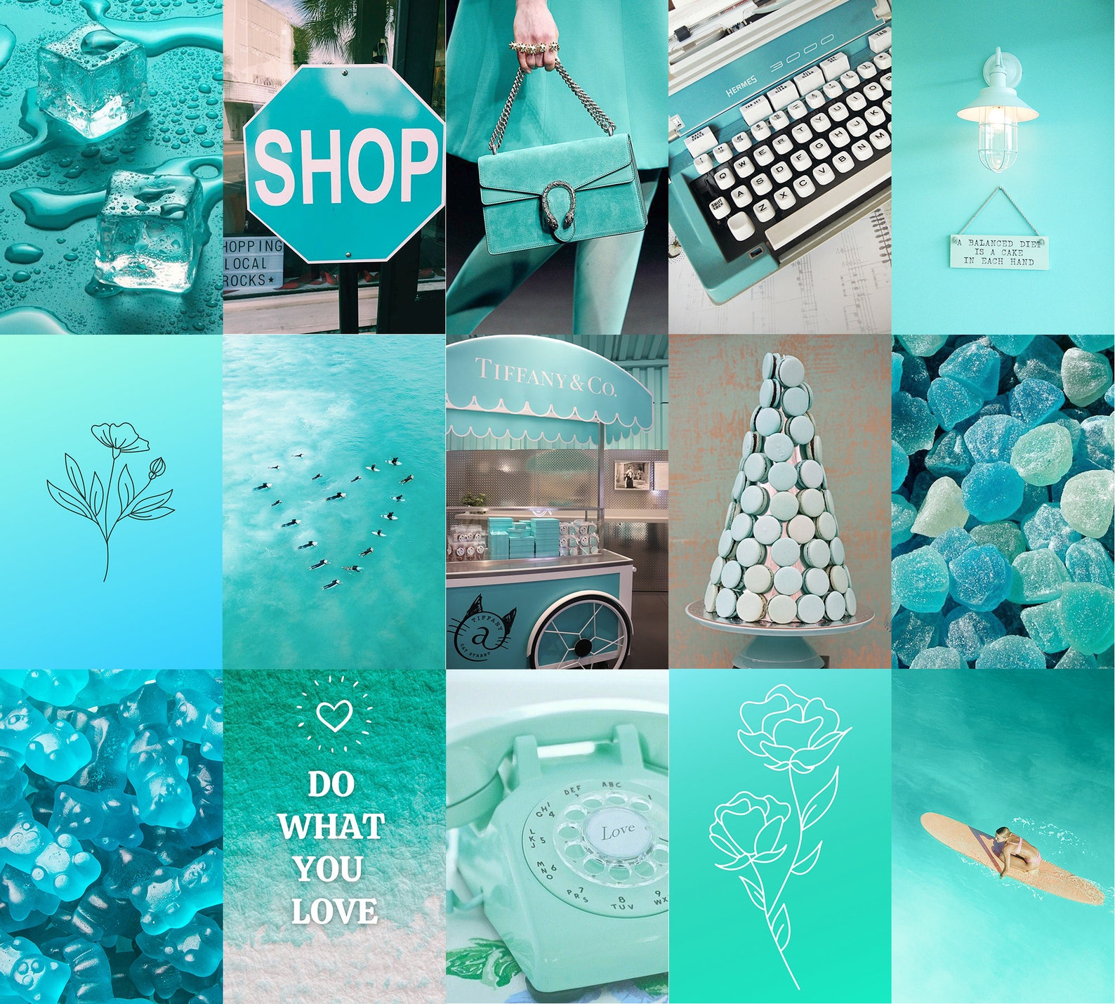 Teal Wall Collage Kit Digital, Teal Aesthetic Collage, Turquoise Dorm ...