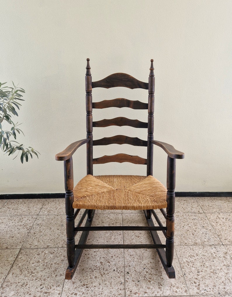 Antique Wooden Ladderback Rocking Chair English Oak Rush Seat - Etsy