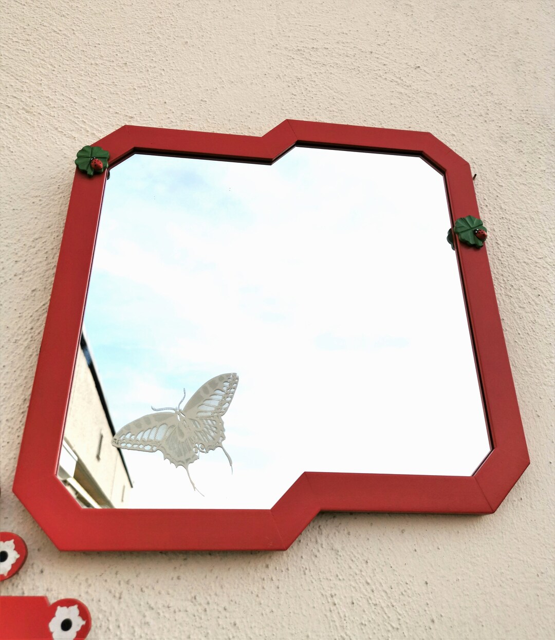 Vintage Wood Wall Mirror in Red With Ladybug Accent Detail, Country ...