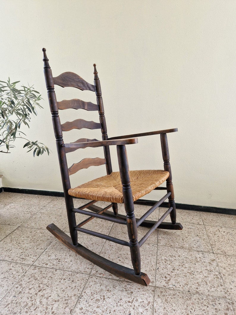 Antique Wooden Ladderback Rocking Chair English Oak Rush Seat - Etsy