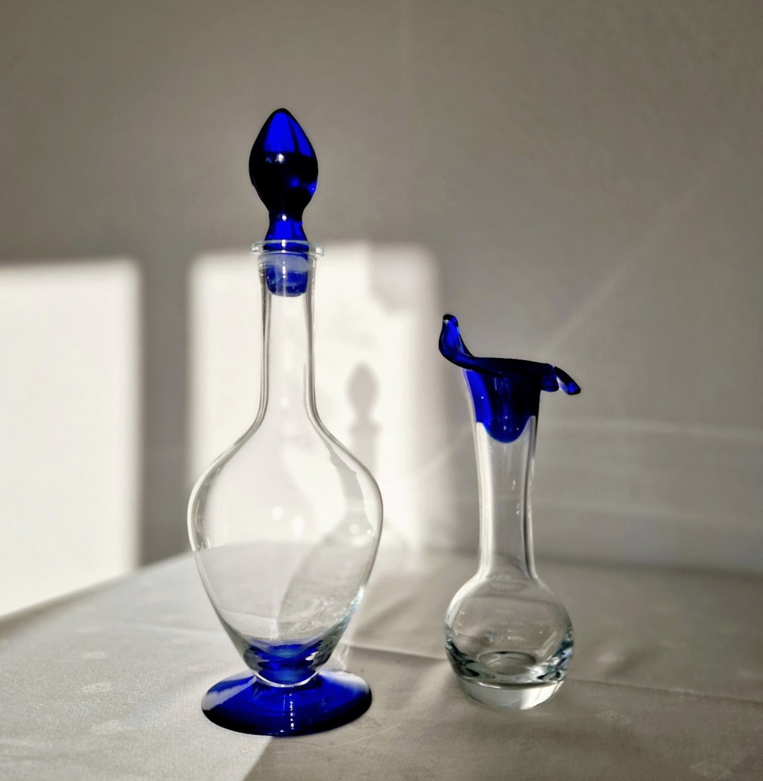Vintage Blown Glass Vase & Decanter Royal Blue , Midcentury Cobalt Blue ...