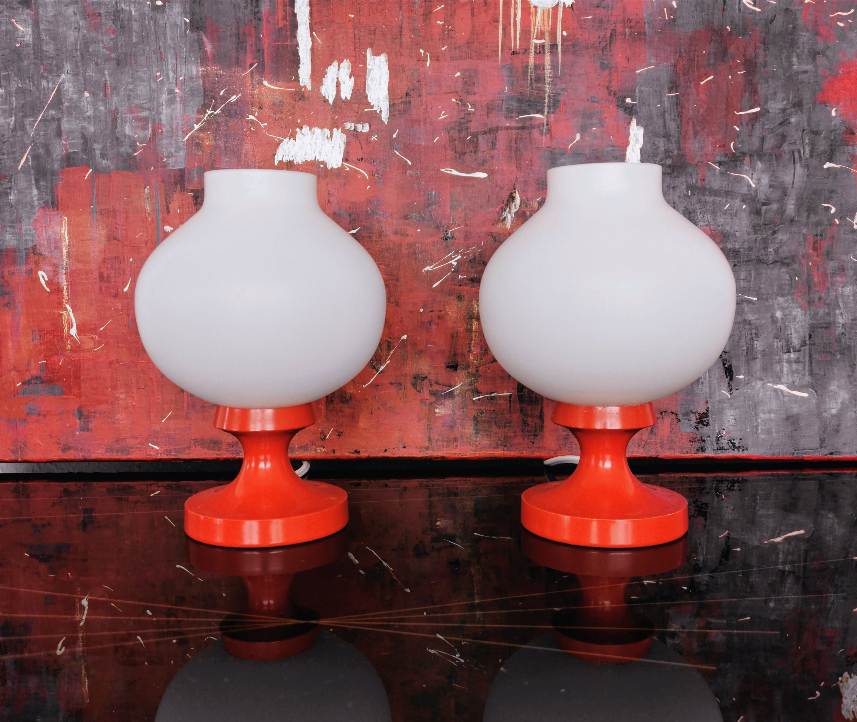 Pair 70's Mushroom Table Lamps Frosted Glass & Red - Etsy