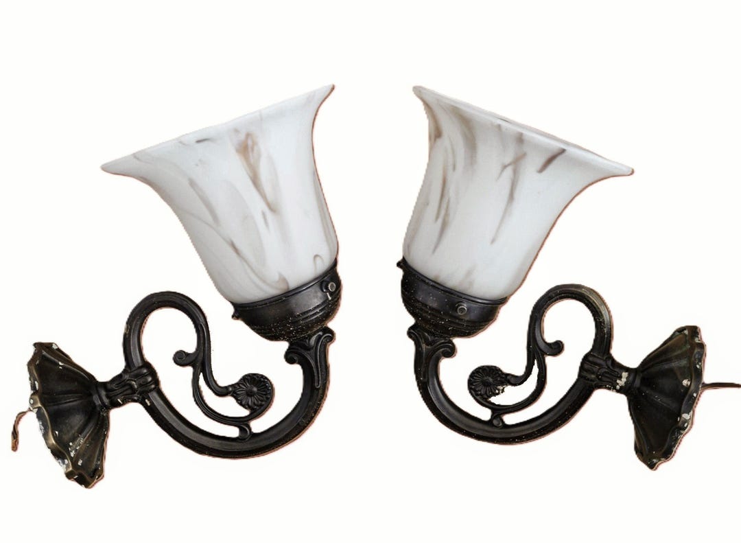 Vintage Brass and Alabaster Glass Wall Sconces, Neoclassical Home Decor ...
