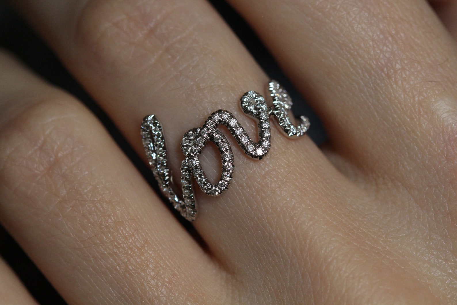 14K White Solid Gold Love Script Diamond Ring, Cursive Love Band, Wire ...