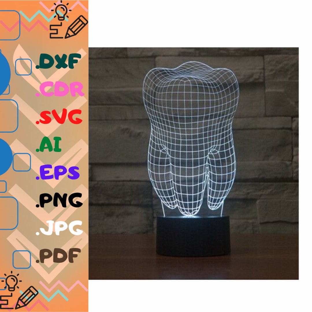 Tooth 3D LED Night Light Teeth Desk Lamp Dxf File Wall Sticker Pdf Silhouette Template Cnc ...