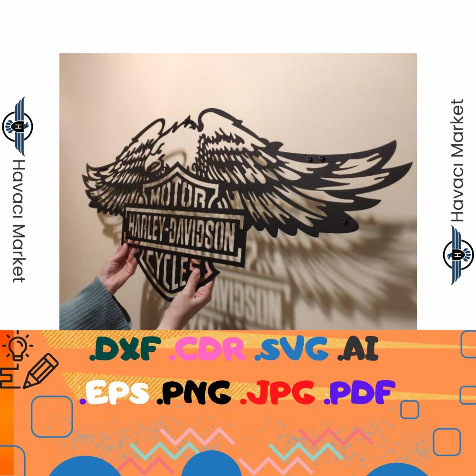 Motorcycle Harley Wings Eagle Davidson Wall Sticker Silhouette Template ...