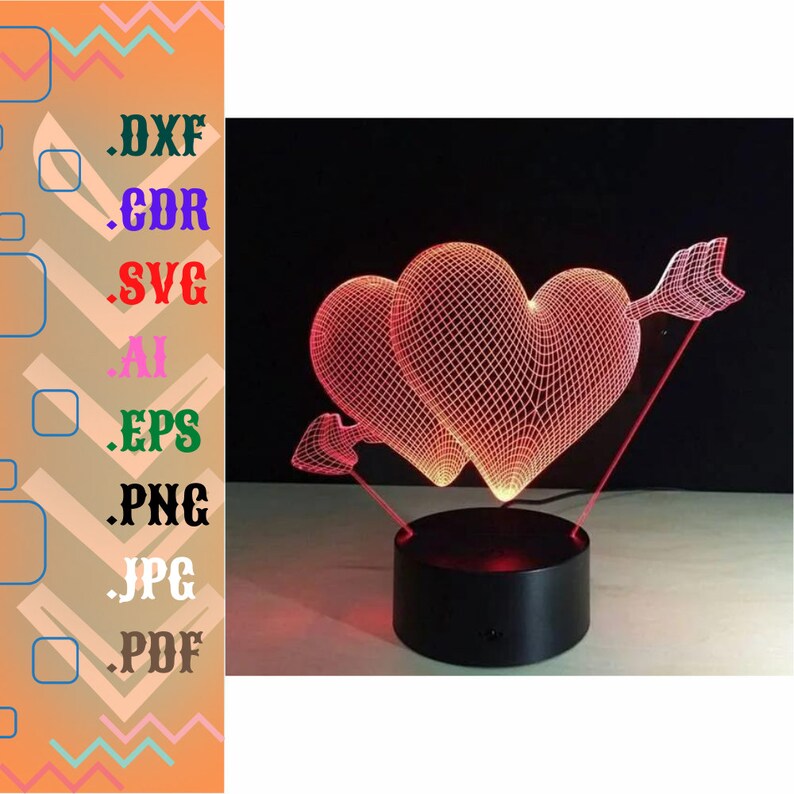 Two Hearts 3d Optical Illusion Lamp Led Night Light Desk Lamp Laser Dxf ...