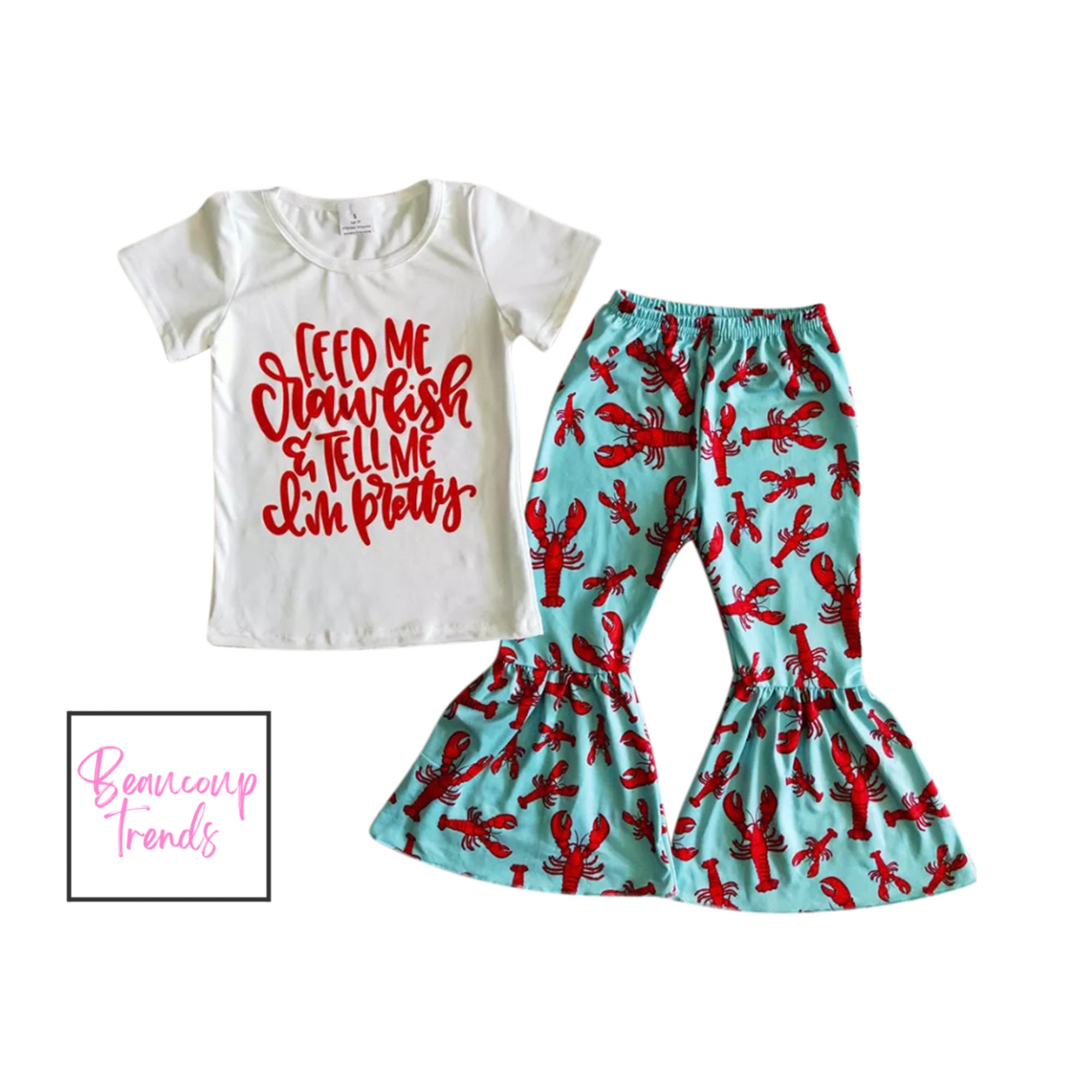 Girls Crawfish Boil Outfit – Feed Me Crawfish Shirt & Bell Bottom Pants ...