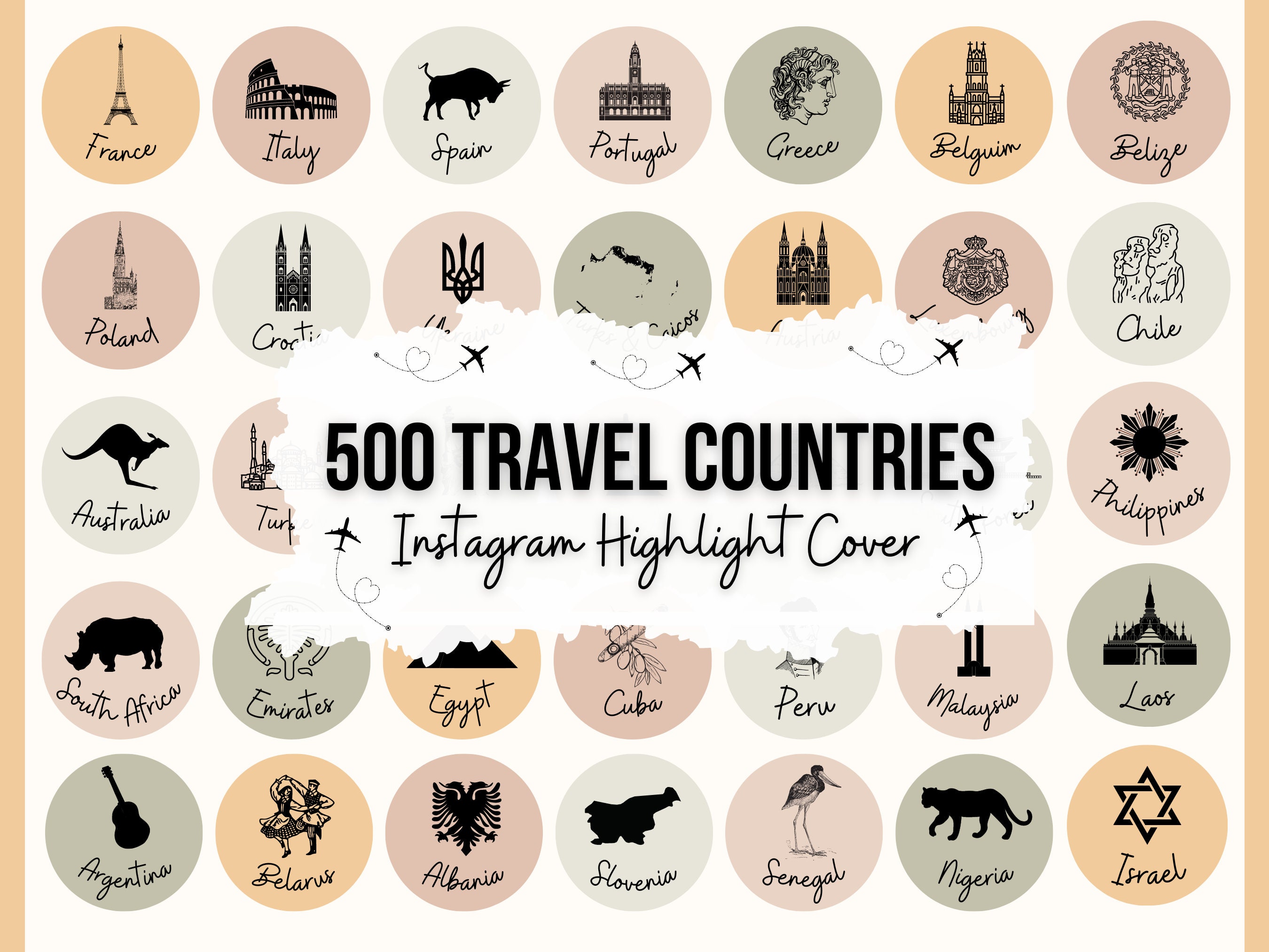 Travel Instagram Highlight Covers | 100 Country Illustrations (digital ...