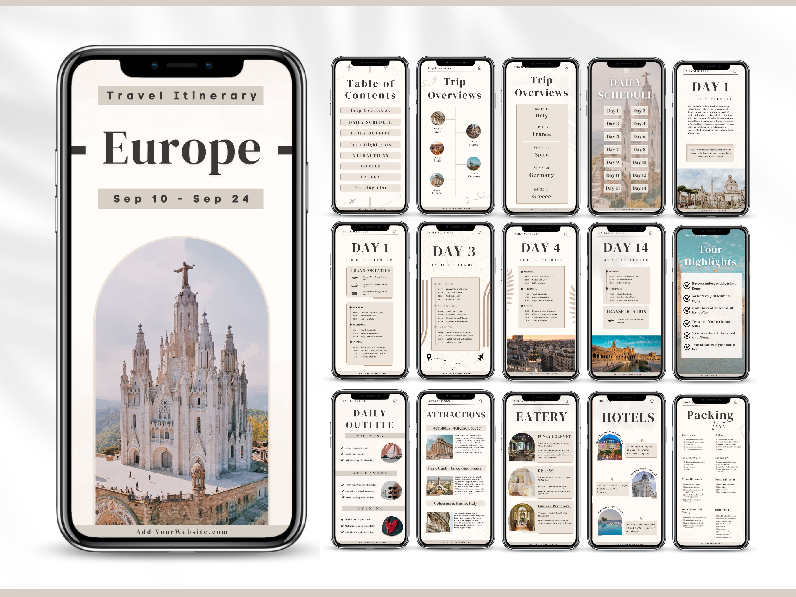 Europe Travel Itinerary Mobile Template. Digital Editable Travel ...