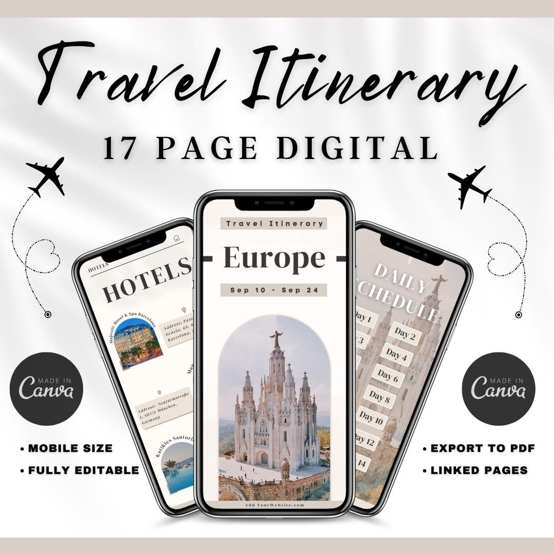 Europe Travel Itinerary Mobile Template. Digital Editable Travel ...