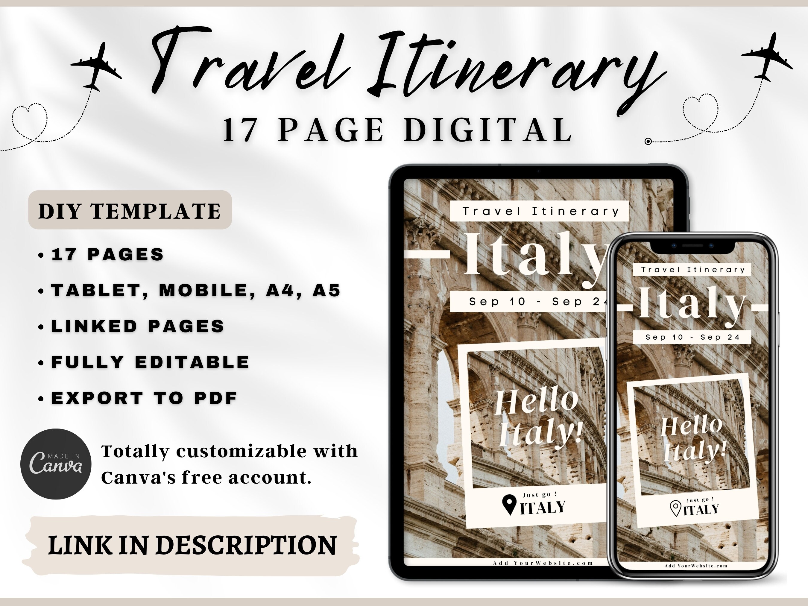 Travel Itinerary Mobile Template. Digital Editable Travel Planner ...
