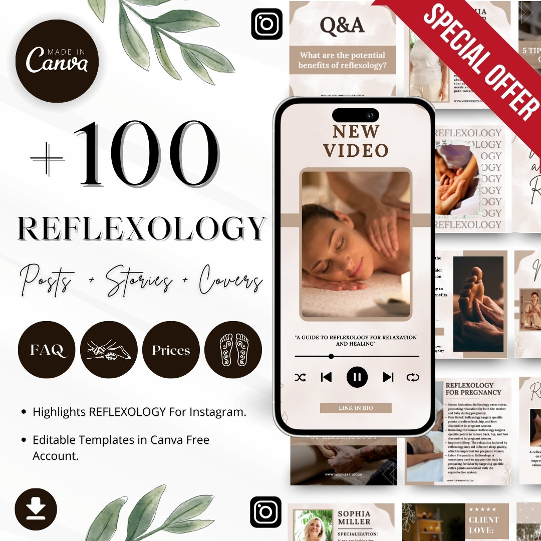 Reflexology Instagram Template, Foot Reflexology, Editable Reflexologist Instagram Posts Stories ...
