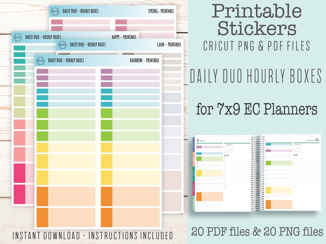 Hourly Boxes for Daily Duo. Printable Stickers for EC Planners. Color ...