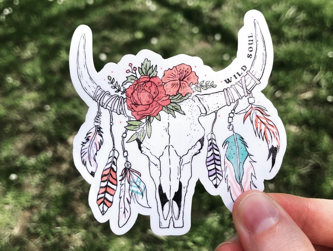 Boho Bull Skull Sticker Western Vinyl Sticker Bohemian - Etsy