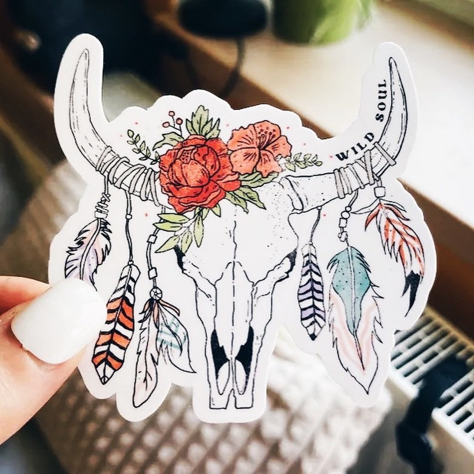 Boho Bull Skull Sticker Western Vinyl Sticker Bohemian - Etsy