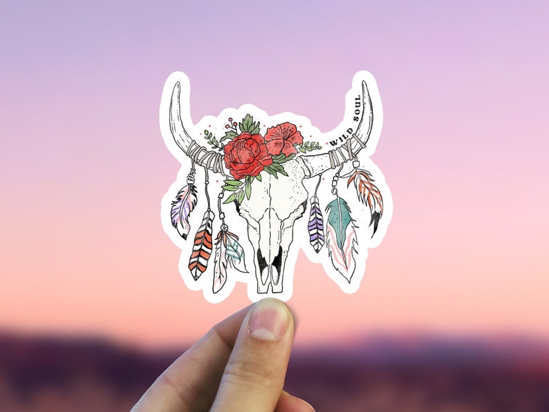 Boho Bull Skull Sticker Western Vinyl Sticker Bohemian - Etsy