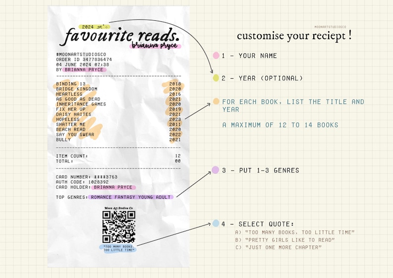 Custom Bookish Receipt Bookmark Phone Print A4 | Personalised Bookish ...