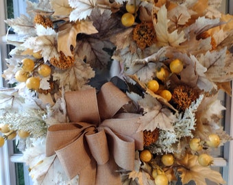 Tan Maple Leaf Pampas Grass Wreath for Front Door, Neutral Fall Wreath ...