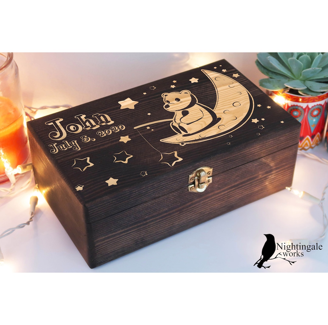 Personalized Engraved Bear and Moon Baby Keepsake Box, Engraved Baby ...