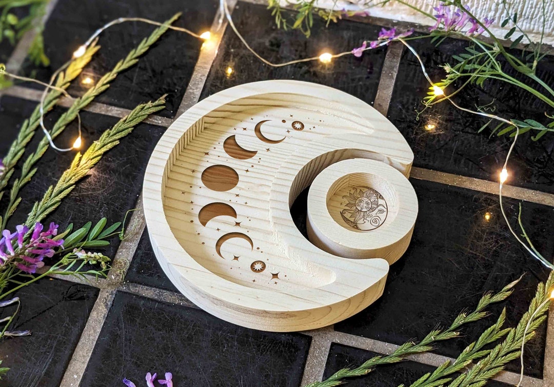 Moon Phases Tray, Gift for Her, Crystal Holder, Wooden Jewelry Storage ...