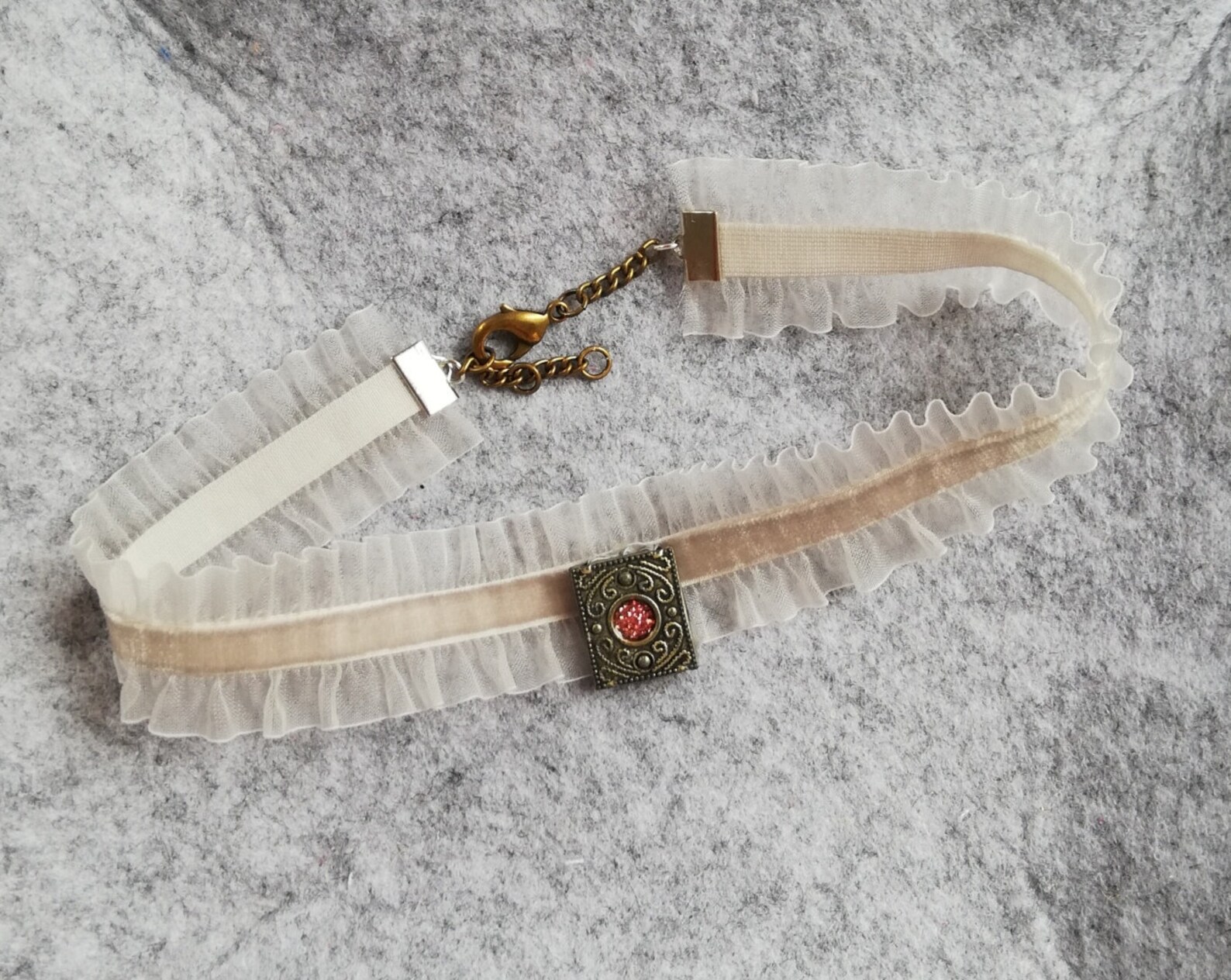 Choker , Pretty Grey Frilly Victorian Choker, With Velvet Strip and ...