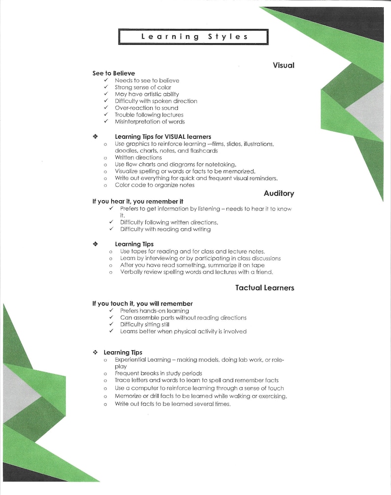 Learning Style Worksheet - Etsy