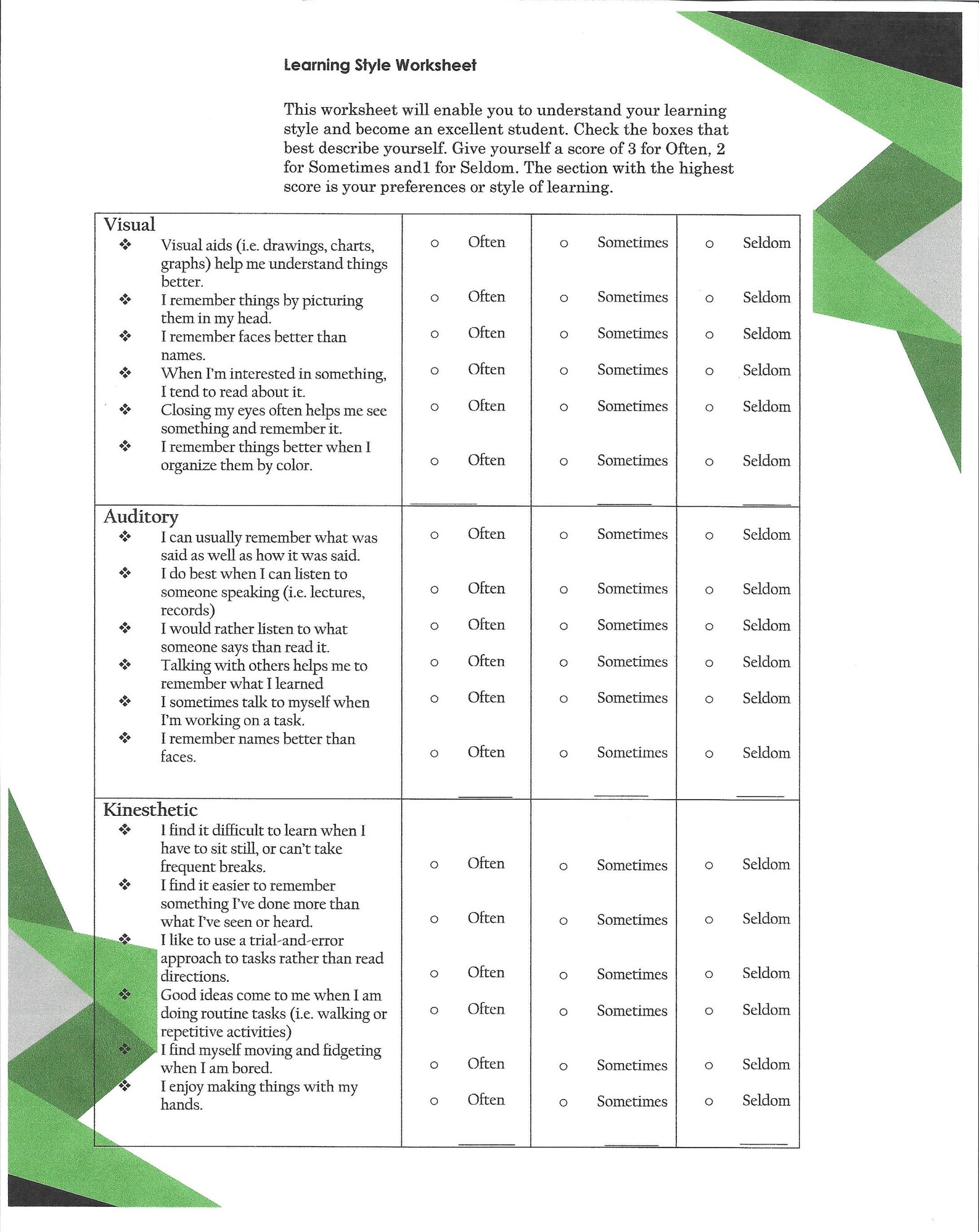 Learning Style Worksheet - Etsy