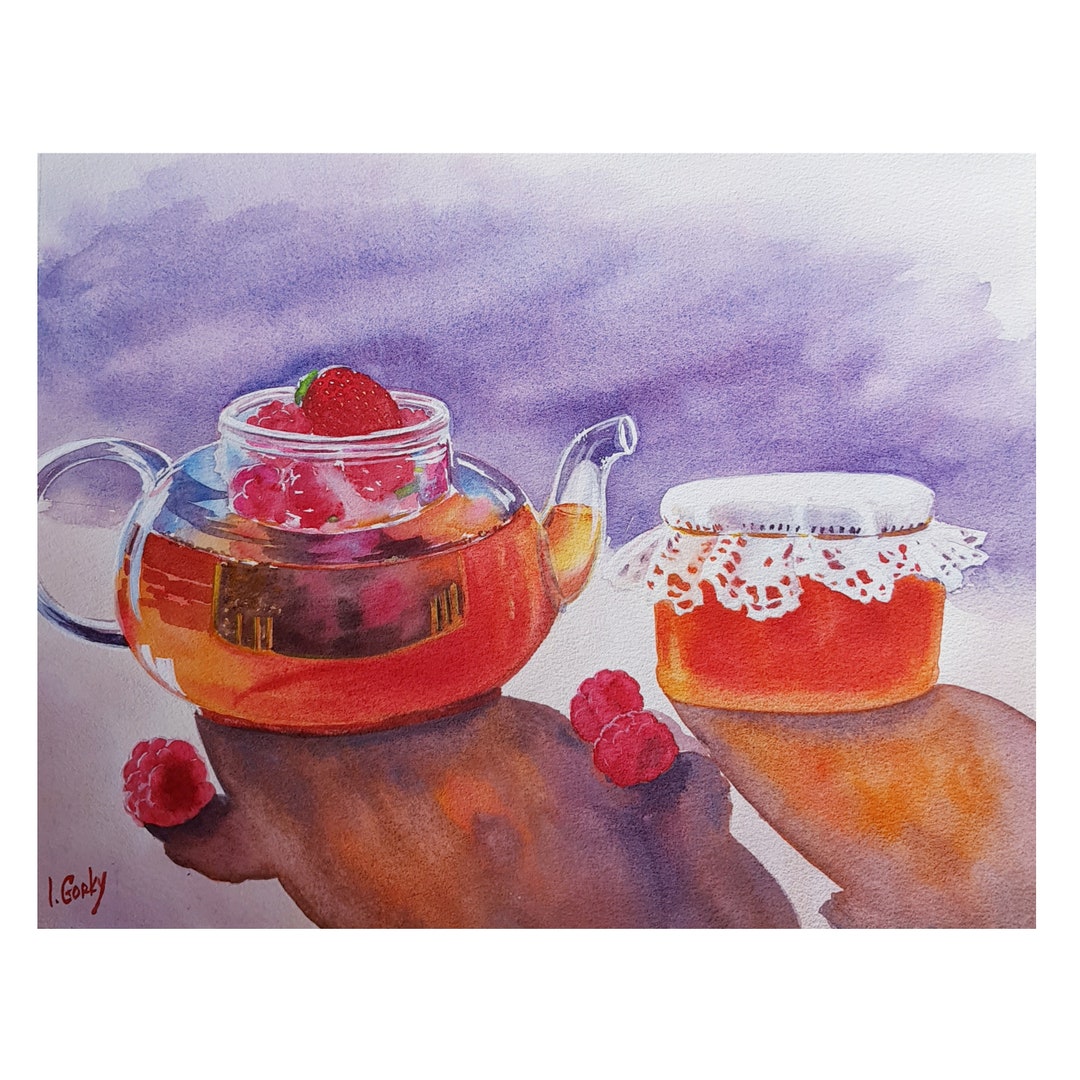 Strawberry Raspberry Tea Watercolor Painting: Kitchen Still Life Art - Etsy