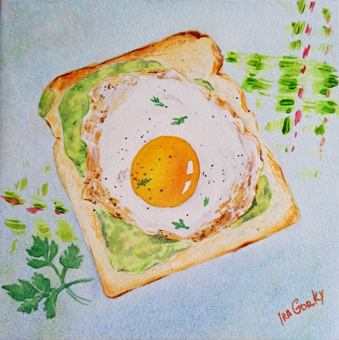 Fried Egg Avocado Toast Watercolor Painting: Food Still Life Canvas Art ...
