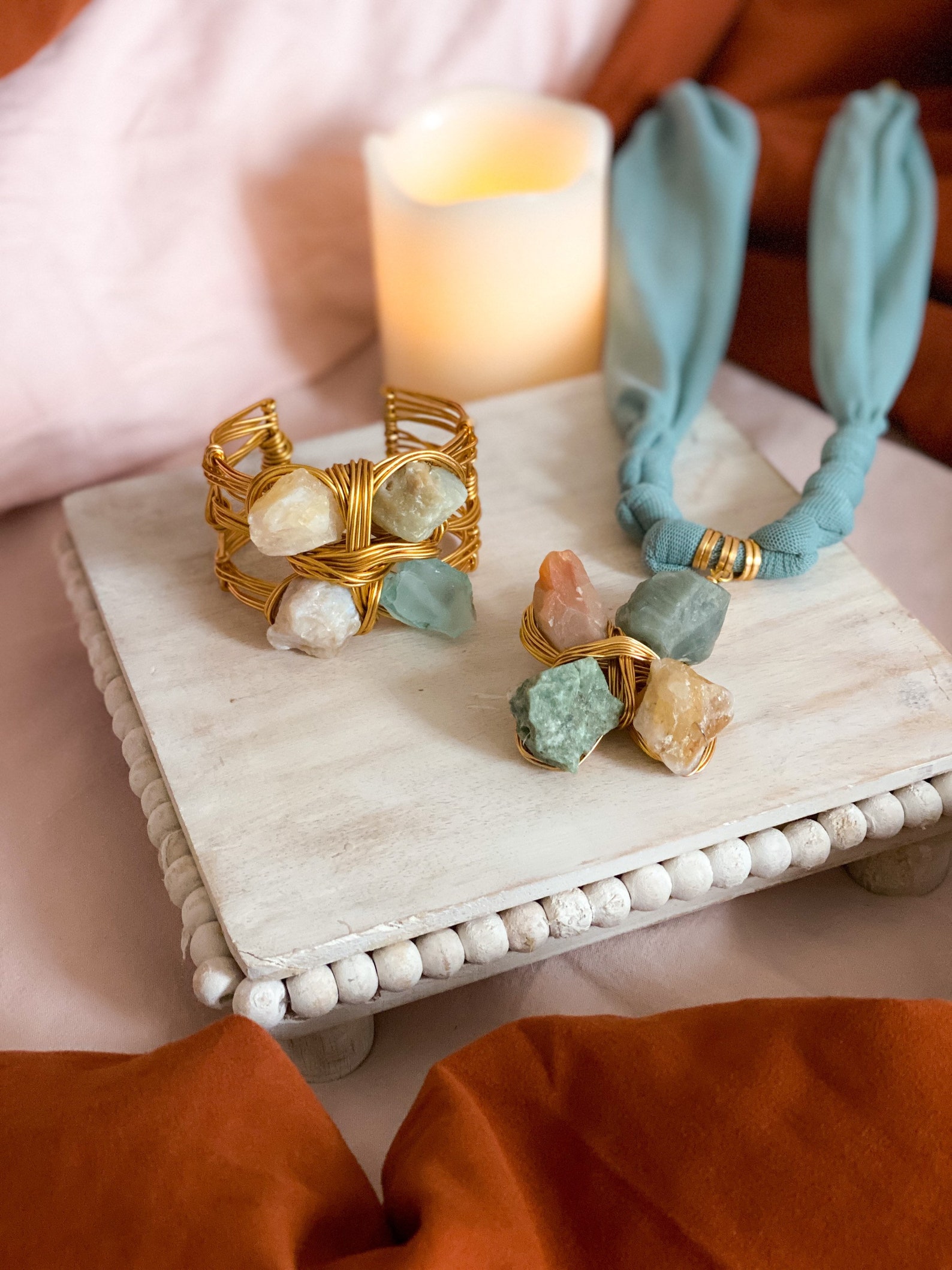 Gemstone Jewelry Set Wire Wrapped Gemstone Pendant Wide Adjustable ...