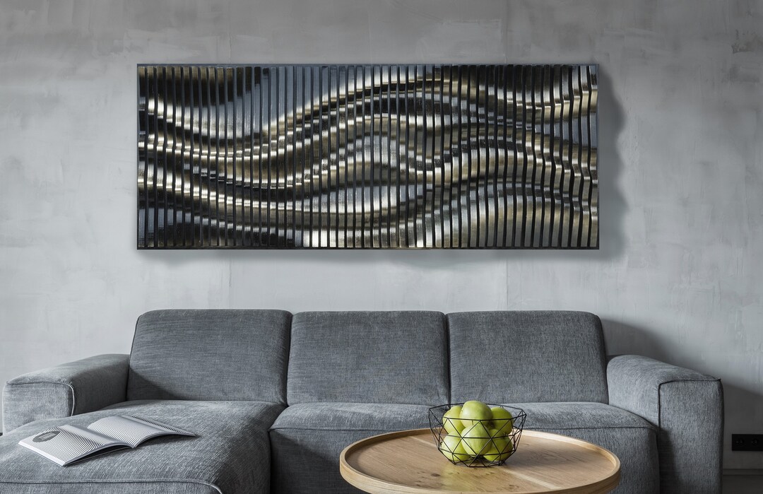 Black Goldwashed Parametric Panel, Wall Art of Wooden Slats, 3D Wavy ...