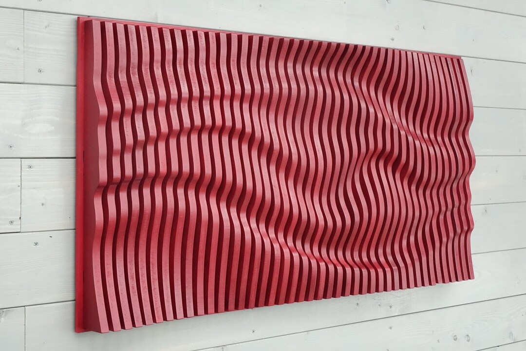 Red Parametric Wall Art of Wooden Slats, Wood Sound Diffuser, 3D Wavy ...