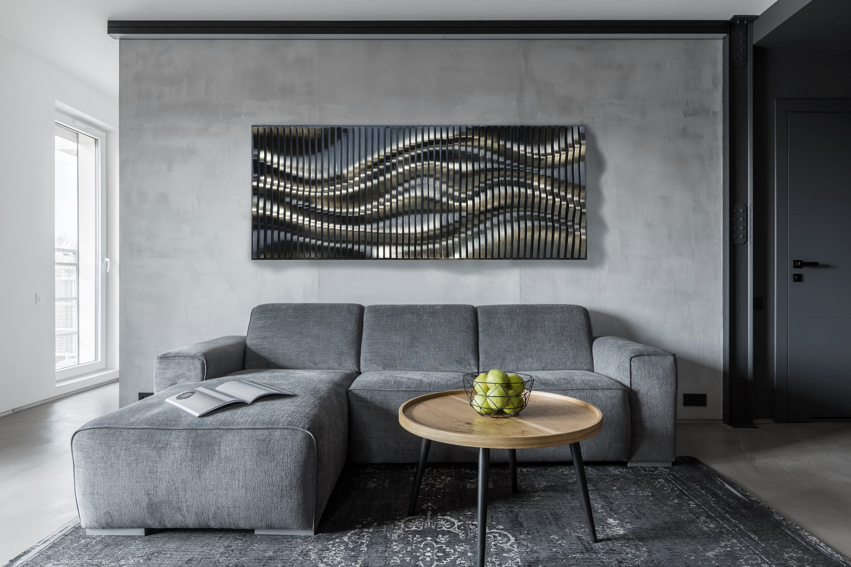 Black Goldwashed Parametric Panel, Wall Art of Wooden Slats, 3D Wavy ...
