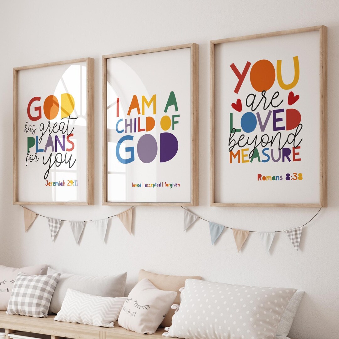 Set of 3 Bible Verse Nursery Prints, Christian Wall Art Kids, Rainbow ...