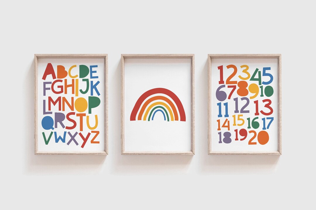 Set of 3 Alphabet and Number Playroom Prints, Rainbow Prints, Boys ...