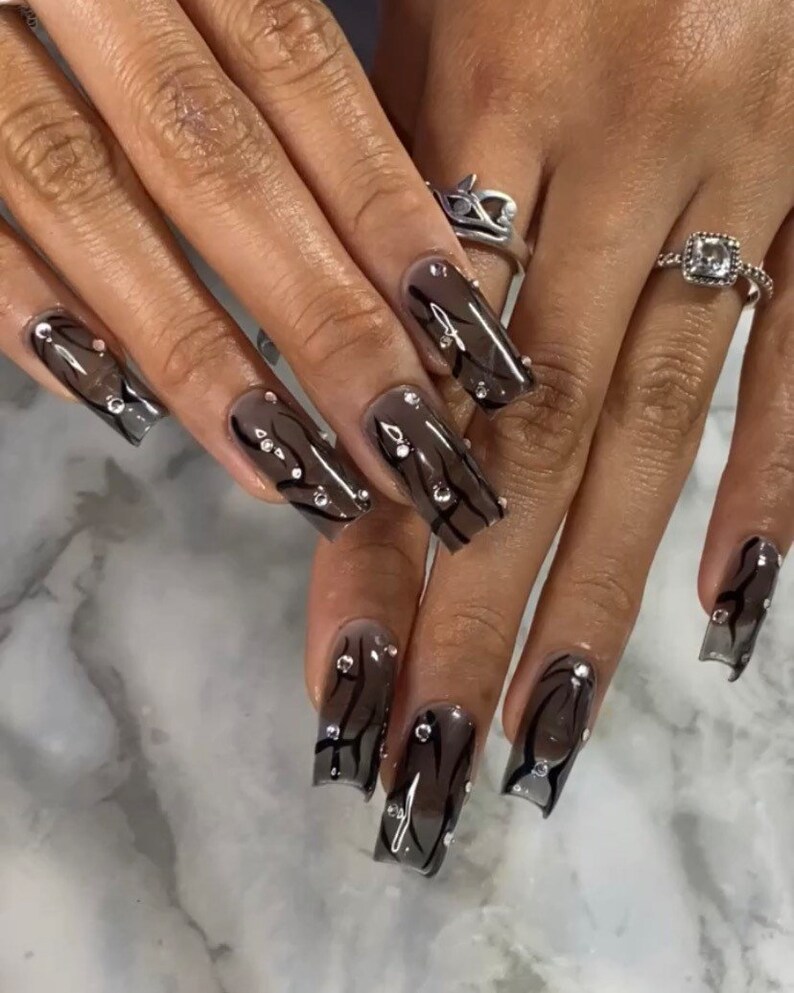 Black Abstract Nails - Etsy