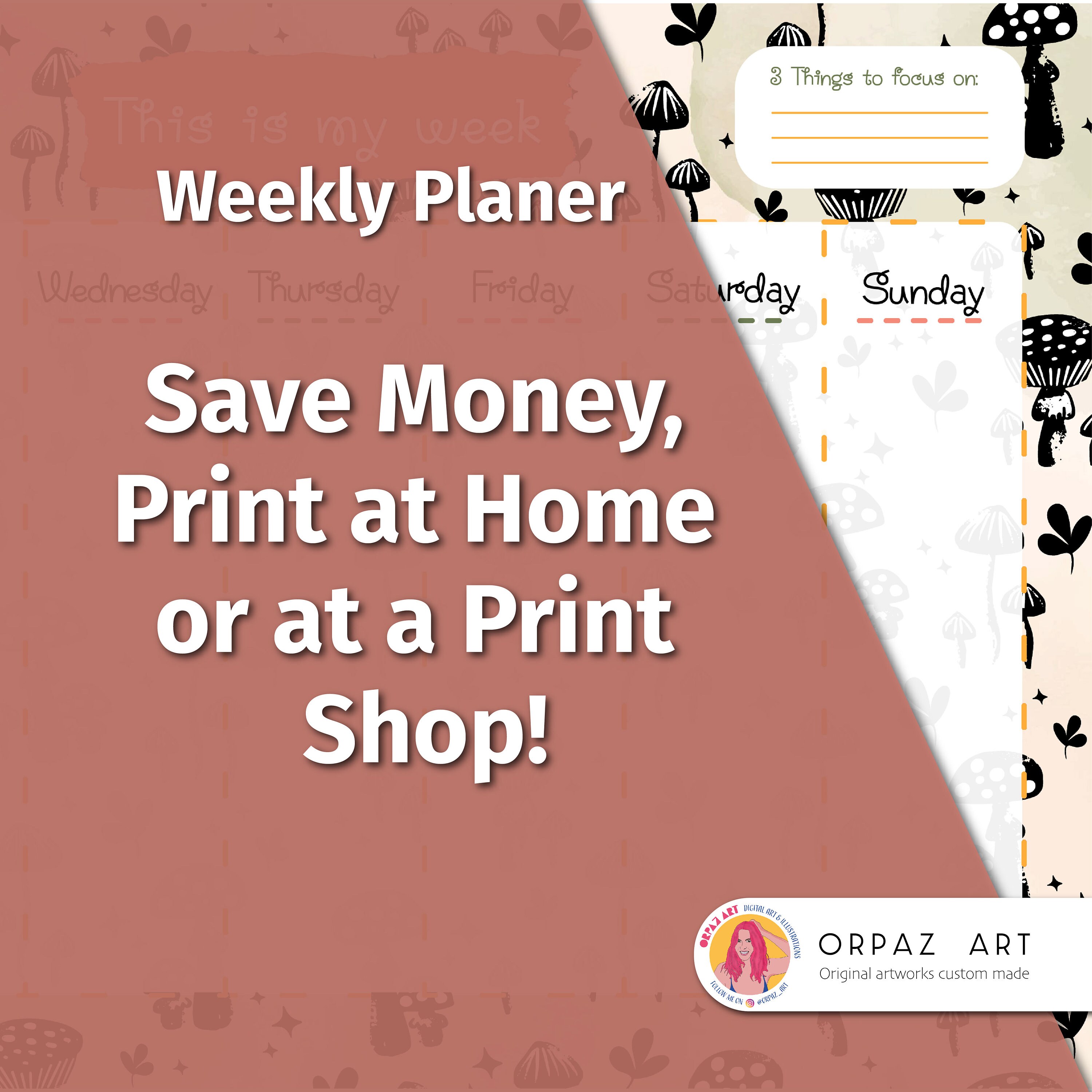 Printable Weekly Planner// Fall Pattern - Mushrooms // Downdable Weekly ...