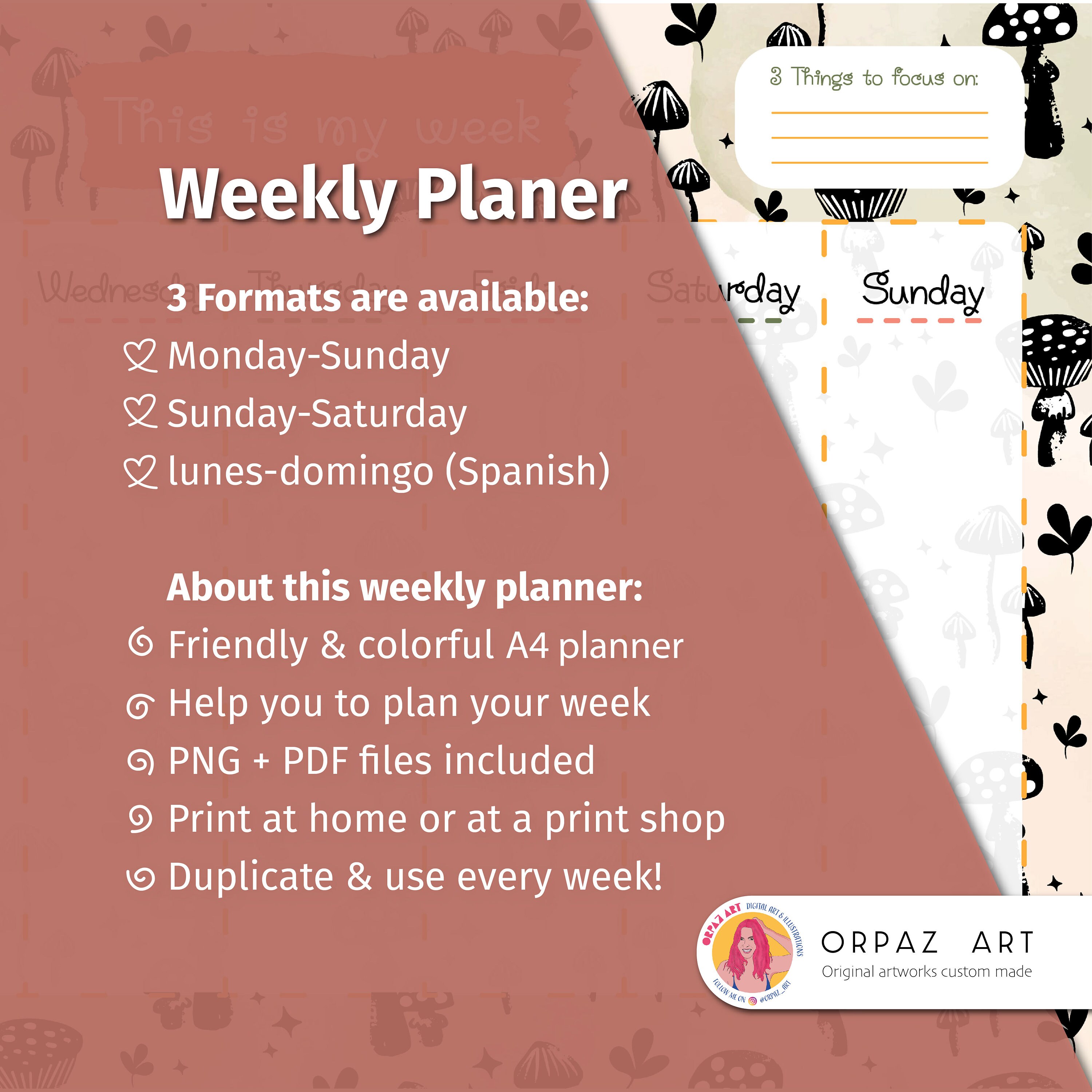 Printable Weekly Planner// Fall Pattern - Mushrooms // Downdable Weekly ...