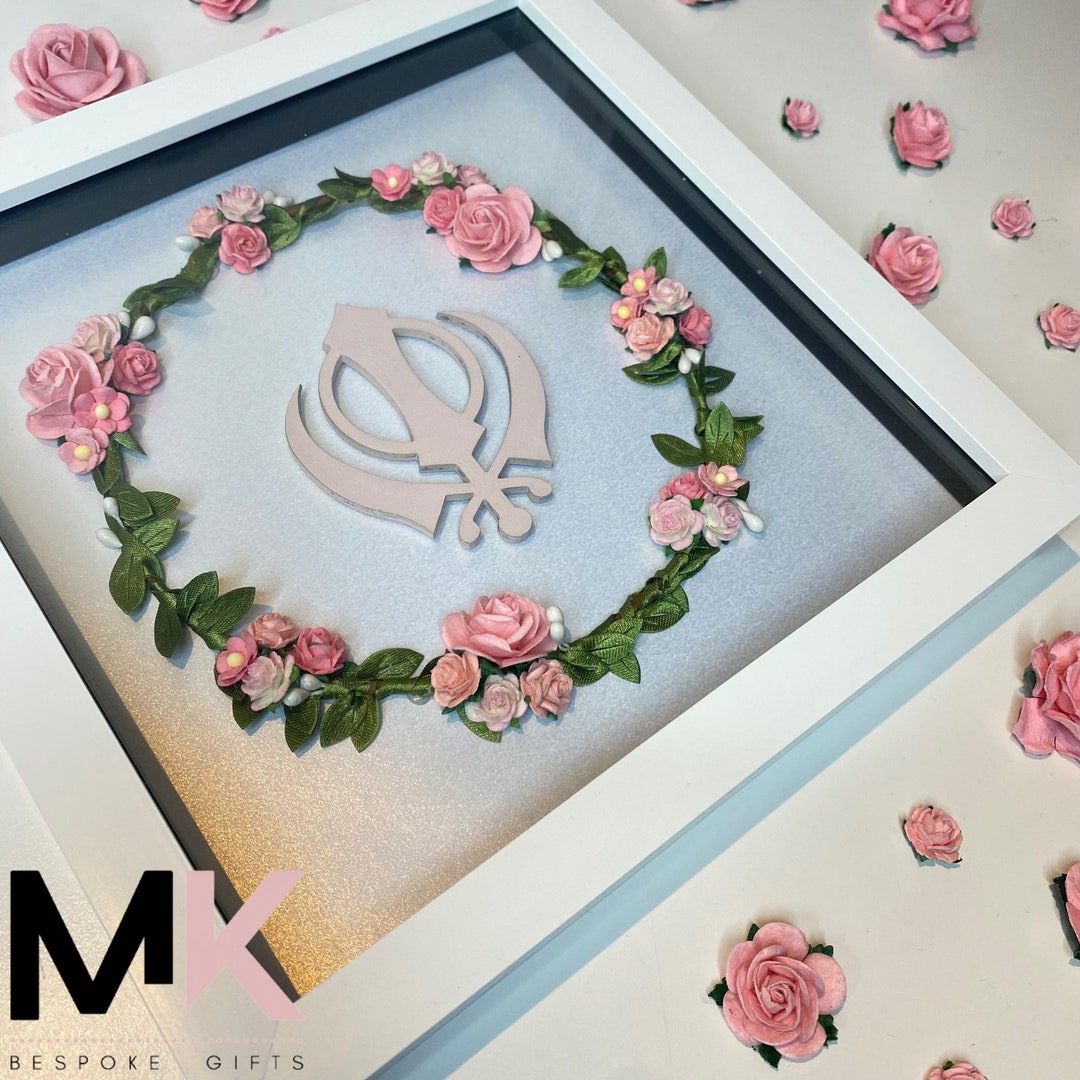 Light Pink Khanda Floral Wreath Frame Sikh Art Gift Punjabi Gurbani ...
