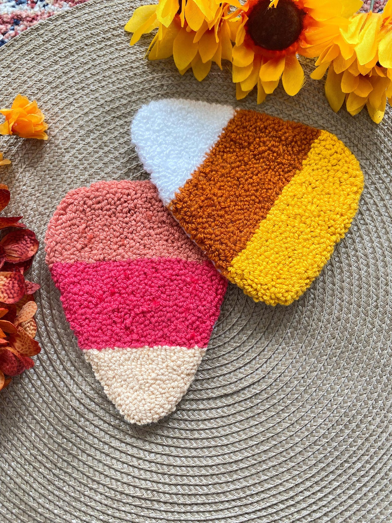 Fall Pumpkins and Candy Corn Punch Needle Coasters, Autumn Mug Rugs ...