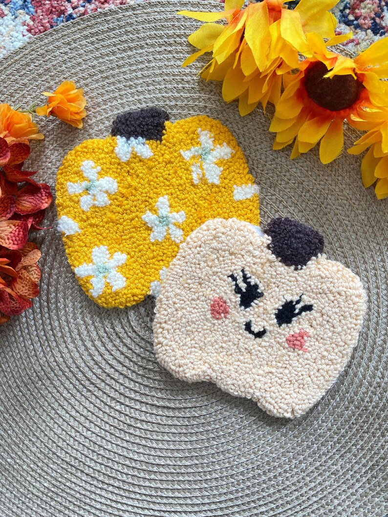 Fall Pumpkins and Candy Corn Punch Needle Coasters, Autumn Mug Rugs, Cute Fall Decor, Drinkware ...
