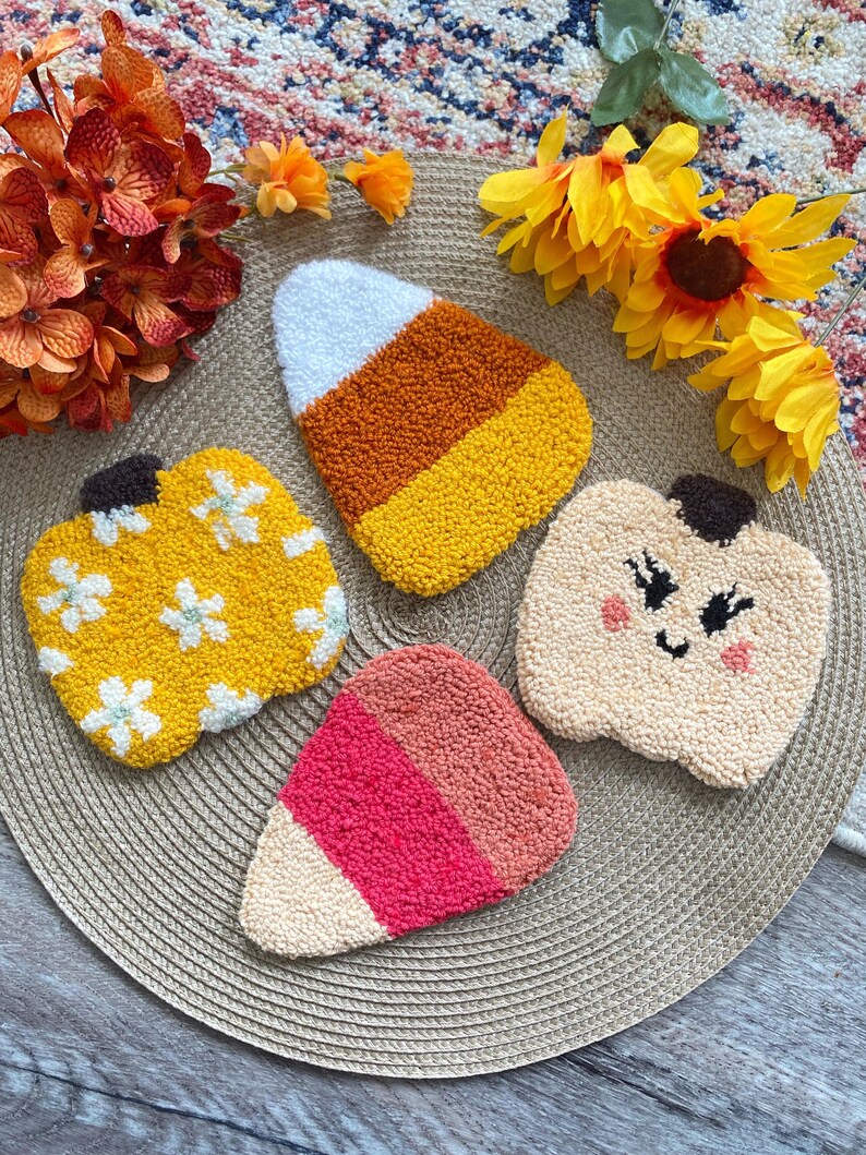 Fall Pumpkins and Candy Corn Punch Needle Coasters, Autumn Mug Rugs, Cute Fall Decor, Drinkware ...